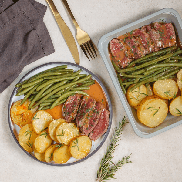 Bœuf sauce porto, haricots vert et pomme de terre en tranches